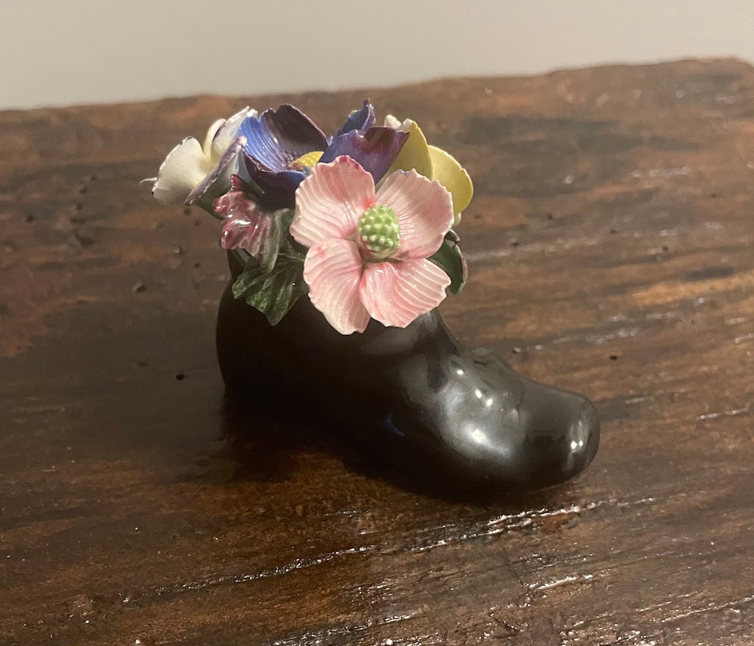 Collectible Best Bone Denton English China of Black Boot With Flowers ...