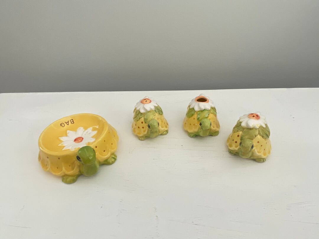 Vintage Yellow Green Turtle Salt and Pepper Toothpick Holder Tea Bag ...