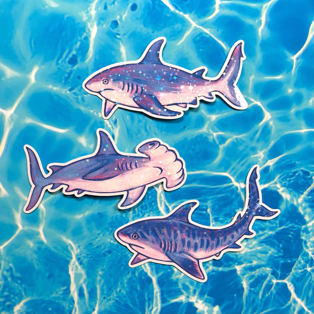 Holographic Shark Stickers / Tiger + Hammerhead + Reef Shark / Handmade ...