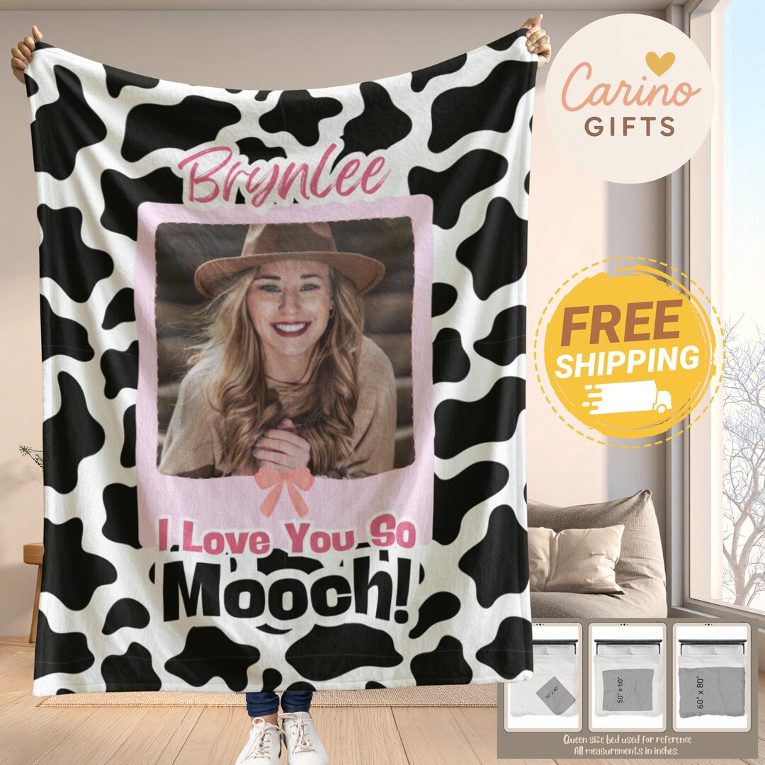 Personalized Cow Print Photo Blanket, Custom Name Throw, Valentine Gift ...