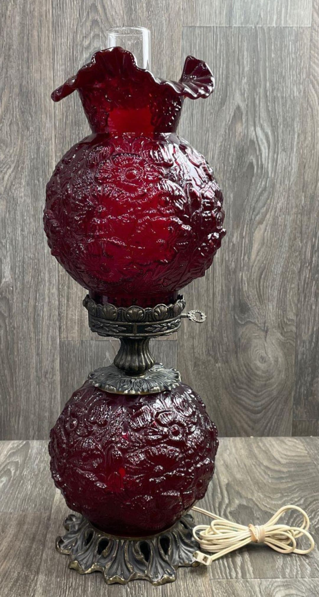 RARE 23.5 Fenton Ruby Red Poppy Hurricane Lamp Vintage Victorian ...