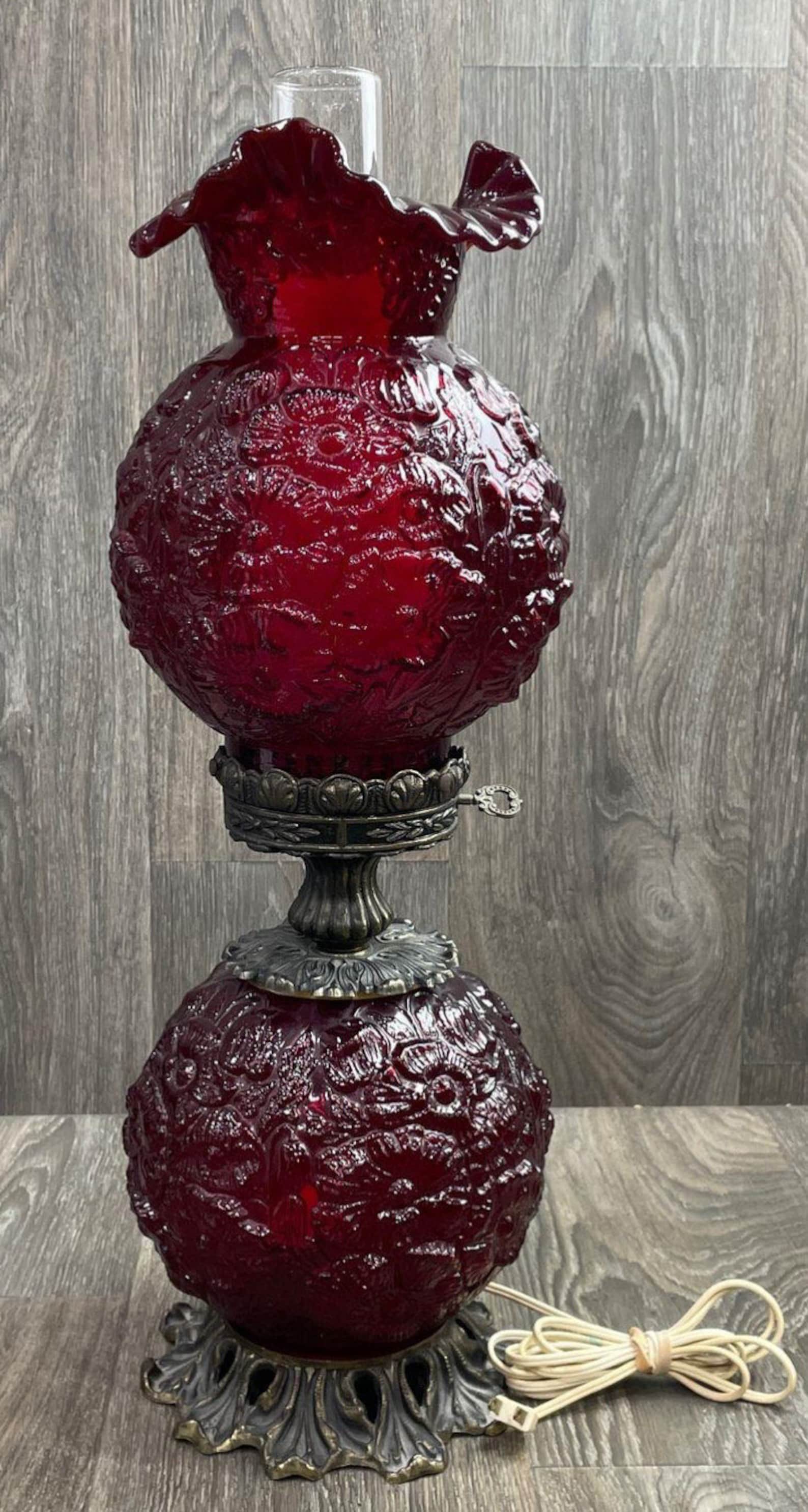 RARE 23.5 Fenton Ruby Red Poppy Hurricane Lamp Vintage Victorian ...