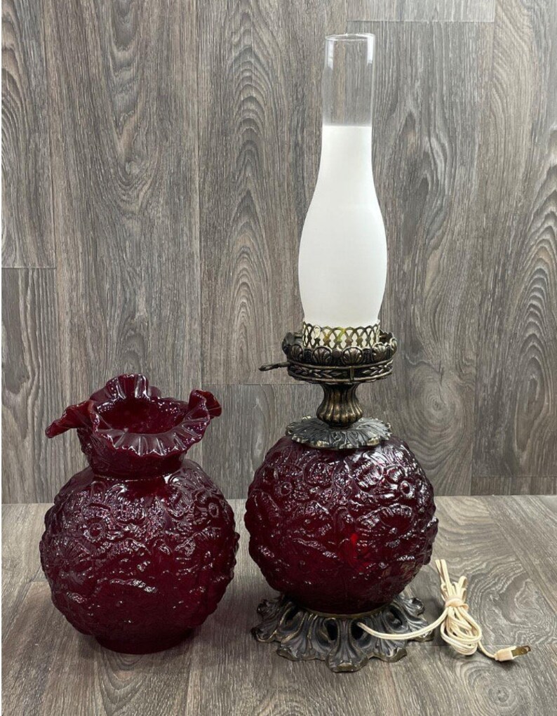 PERFECT 23.5 Fenton Ruby Red Poppy 1960s Hurricane Lamp. Both Globe ...