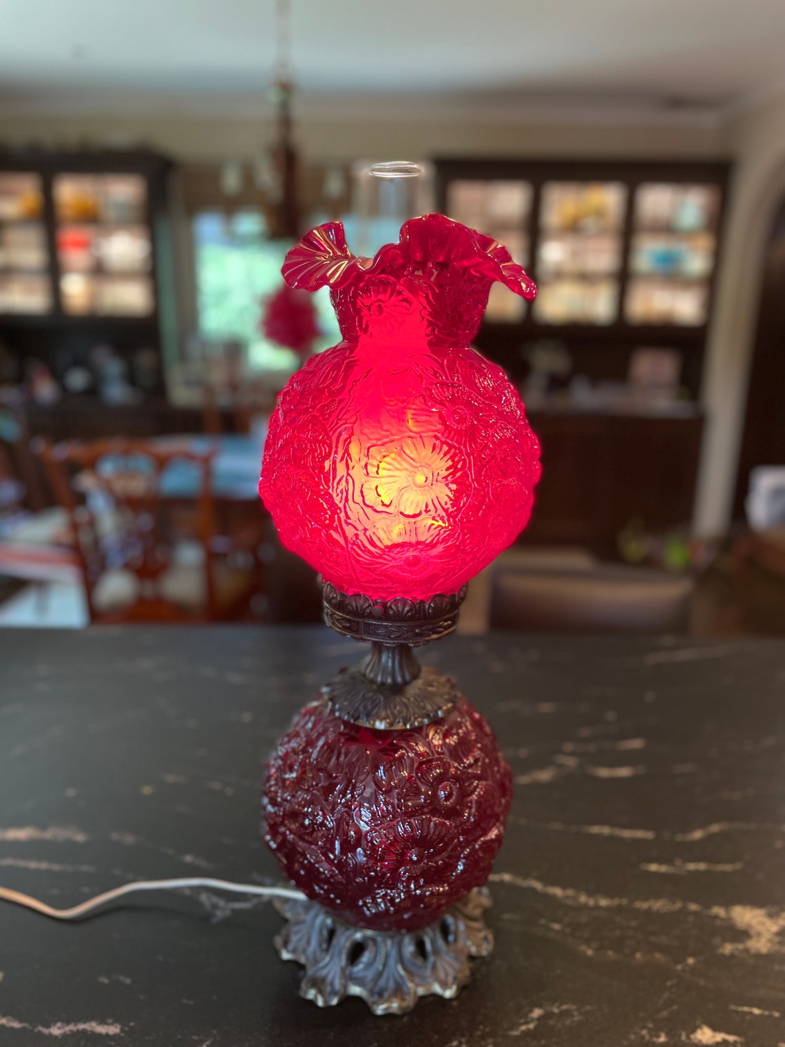 PERFECT 23.5 Fenton Ruby Red Poppy 1960s Hurricane Lamp. Both Globe Lights Work. Limited Edition ...