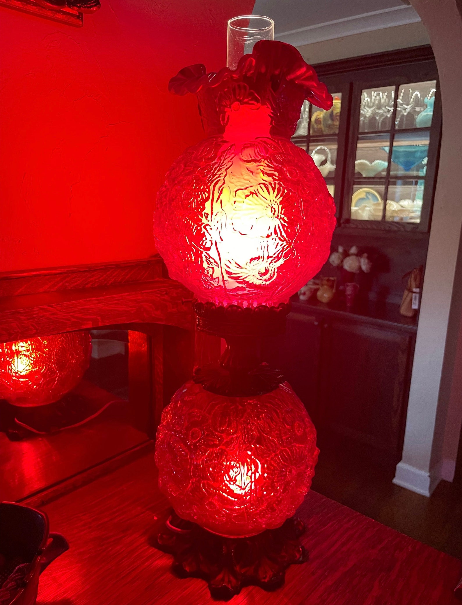 PERFECT 23.5 Fenton Ruby Red Poppy 1960s Hurricane Lamp. Both Globe Lights Work. Limited Edition ...