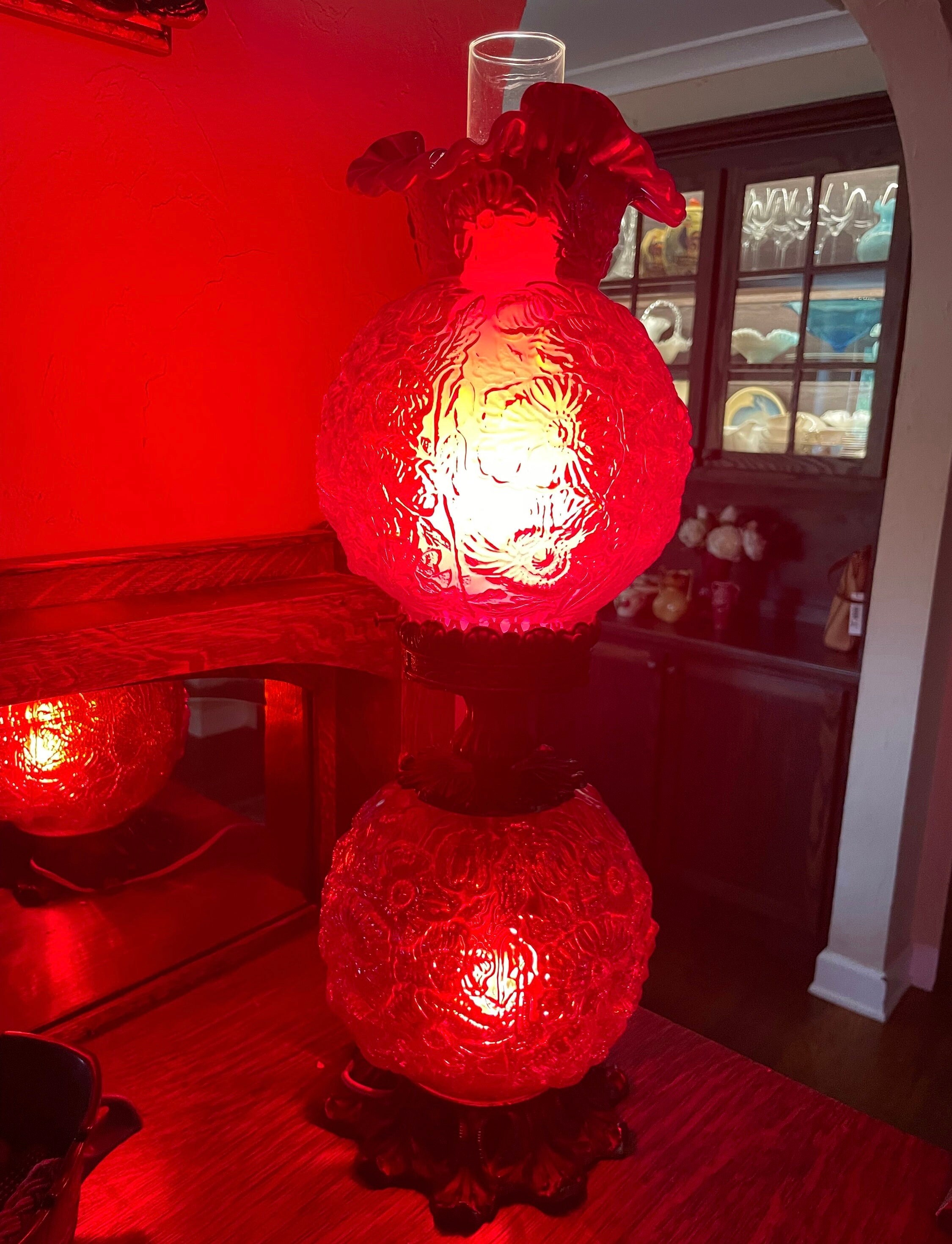 PERFECT 23.5 Fenton Ruby Red Poppy 1960s Hurricane Lamp. Both Globe Lights Work. Limited Edition ...