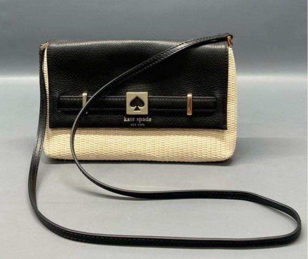 Kate Spade Pebbled Black Leather Natural Straw Weave Flap Top Should ...