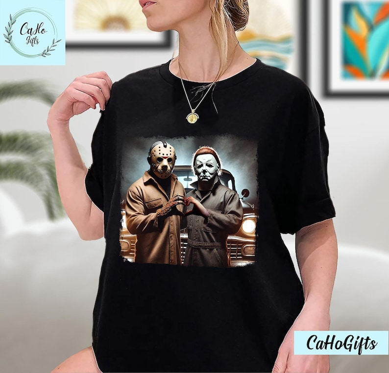Jason and Michael Myers Halloween Heart Hands T-shirt, Myers Thriller ...