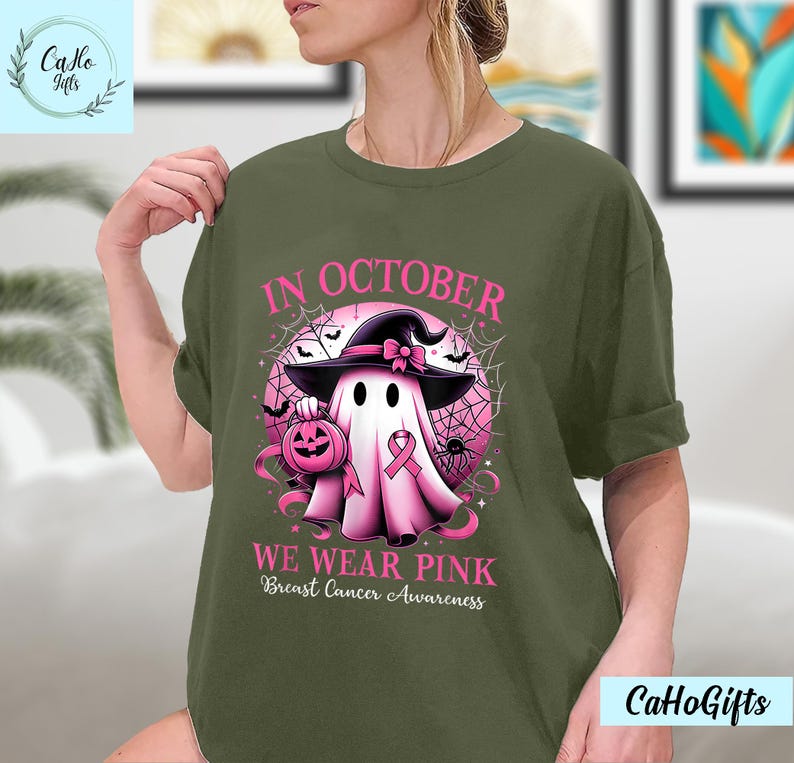In October We Wear Pink Witch Ghost Breast Cancer Awareness T-shirt ...