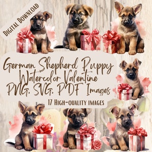 German Shepherd Puppy Watercolor Valentine PNG SVG Bundle, 17 Adorable ...