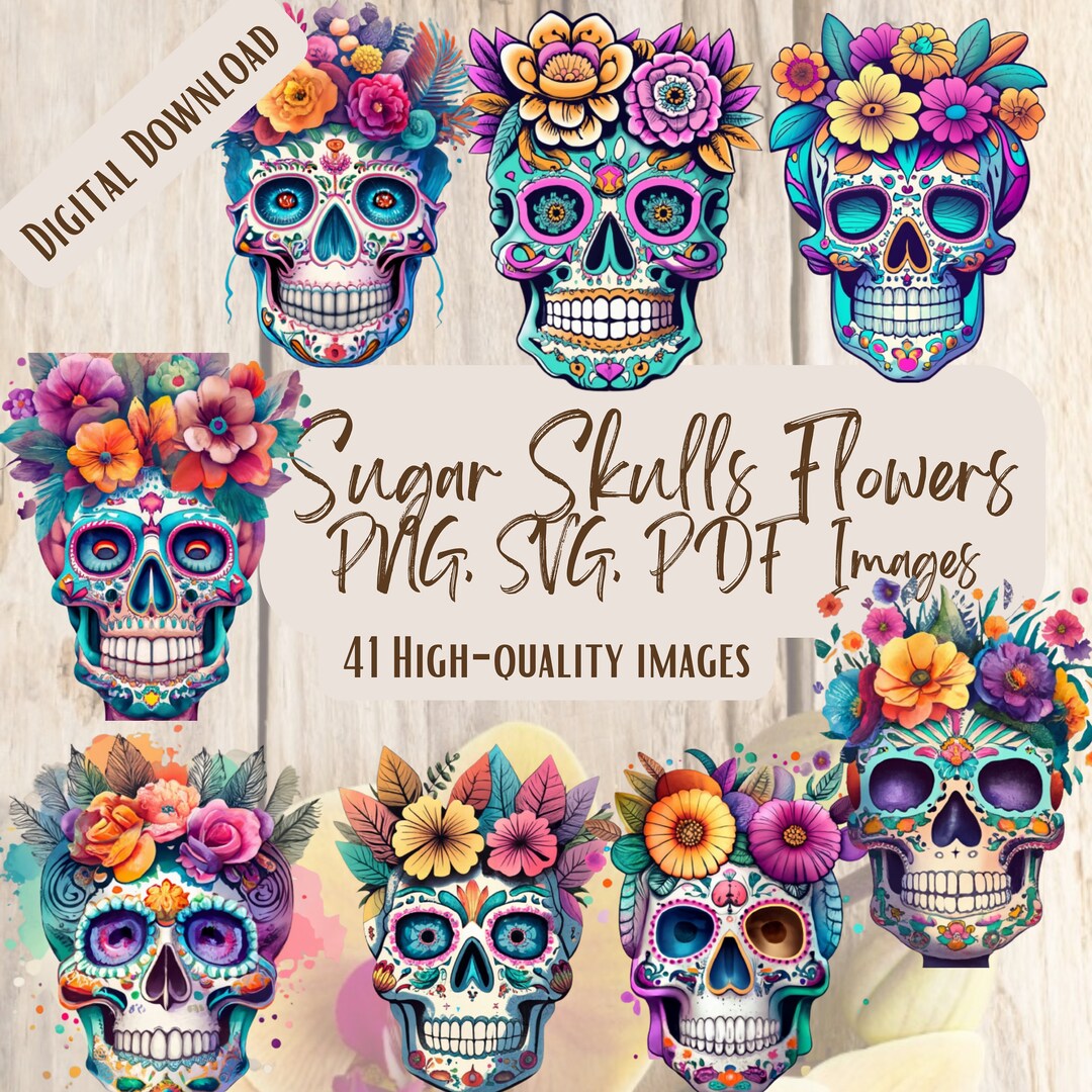 Sugar Skull Clipart Bundle, 41 SVG PNG Designs With Flowers, Day of the ...