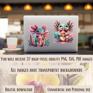 Axolotl Eating Ice Cream Watercolor Clipart, 37 PNG SVG Bundle, Cute Axolotl Ice Cream Designs ...