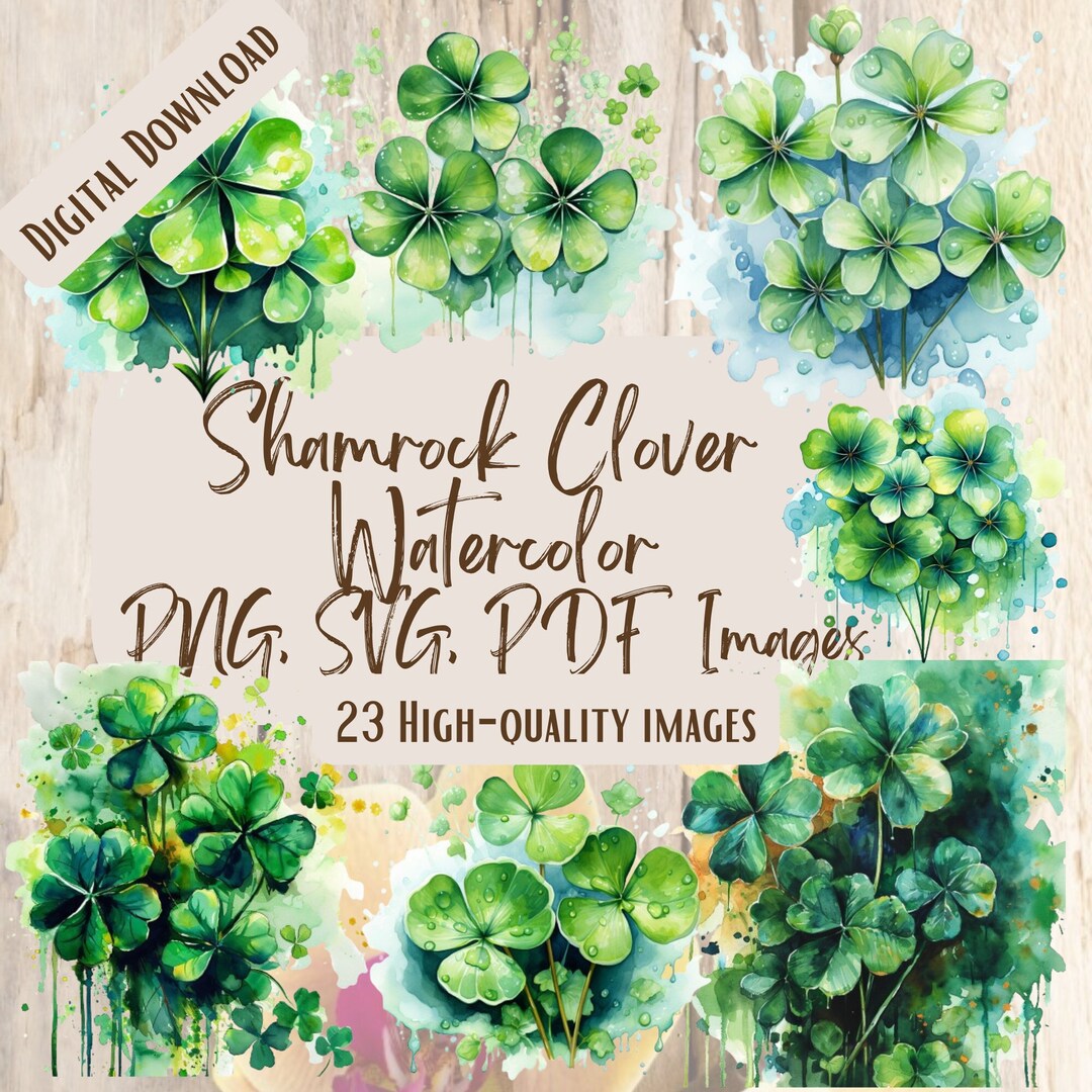 Shamrock Clover Watercolor PNG SVG Bundle, 23 Lucky Green Clipart ...