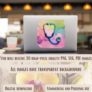 Stethoscope Watercolor PNG SVG Bundle, 30 Artistic Medical Themed ...