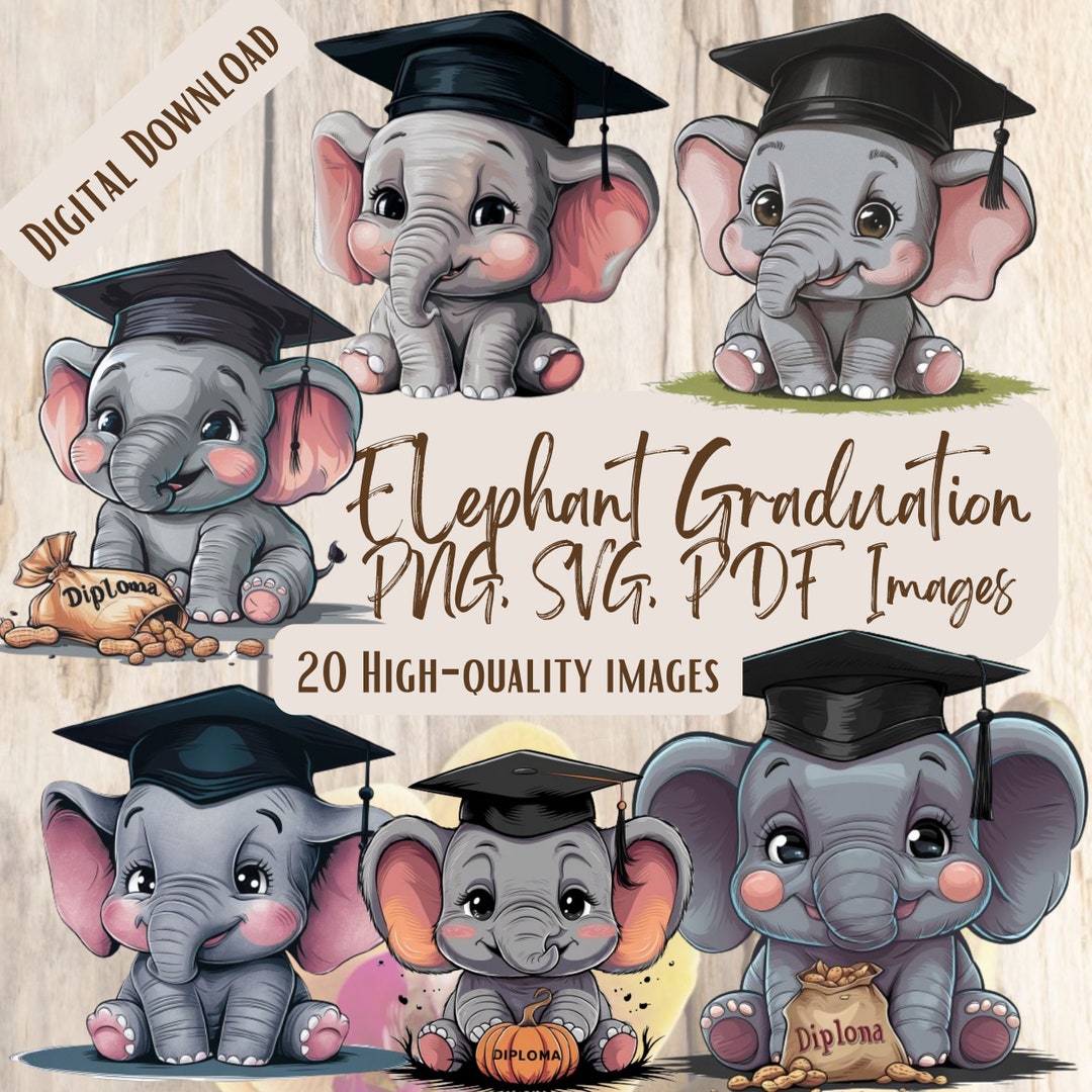 Elephant Graduation Clipart 20 PNG SVG Bundle, Adorable Elephant ...