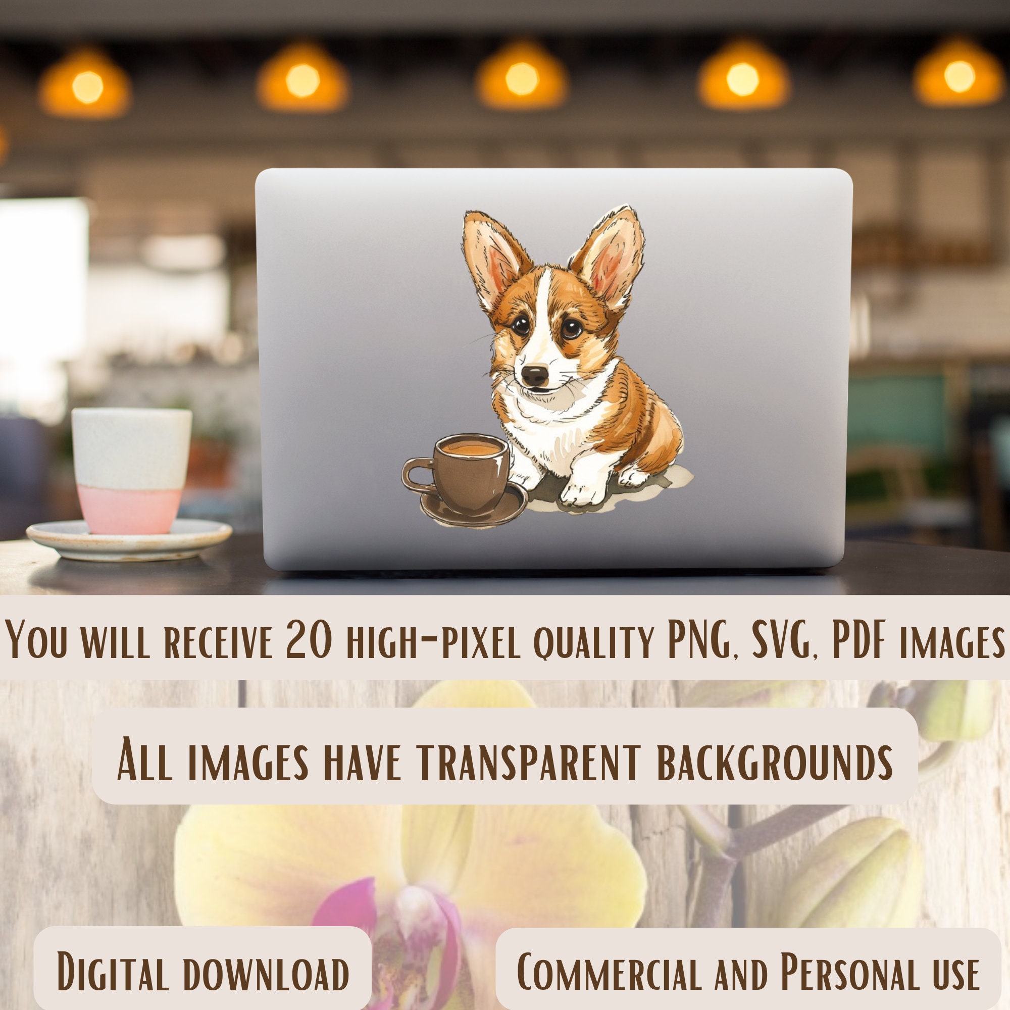 Corgi Coffee Tea Drawn Watercolor PNG SVG Bundle 20 Images Digital ...