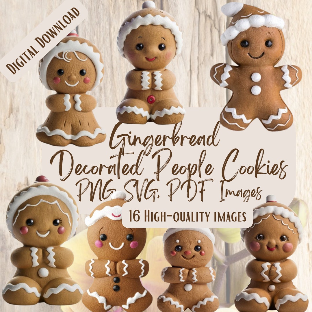 Gingerbread Decorated Cookies People PNG SVG Bundle, 16 Festive Holiday ...