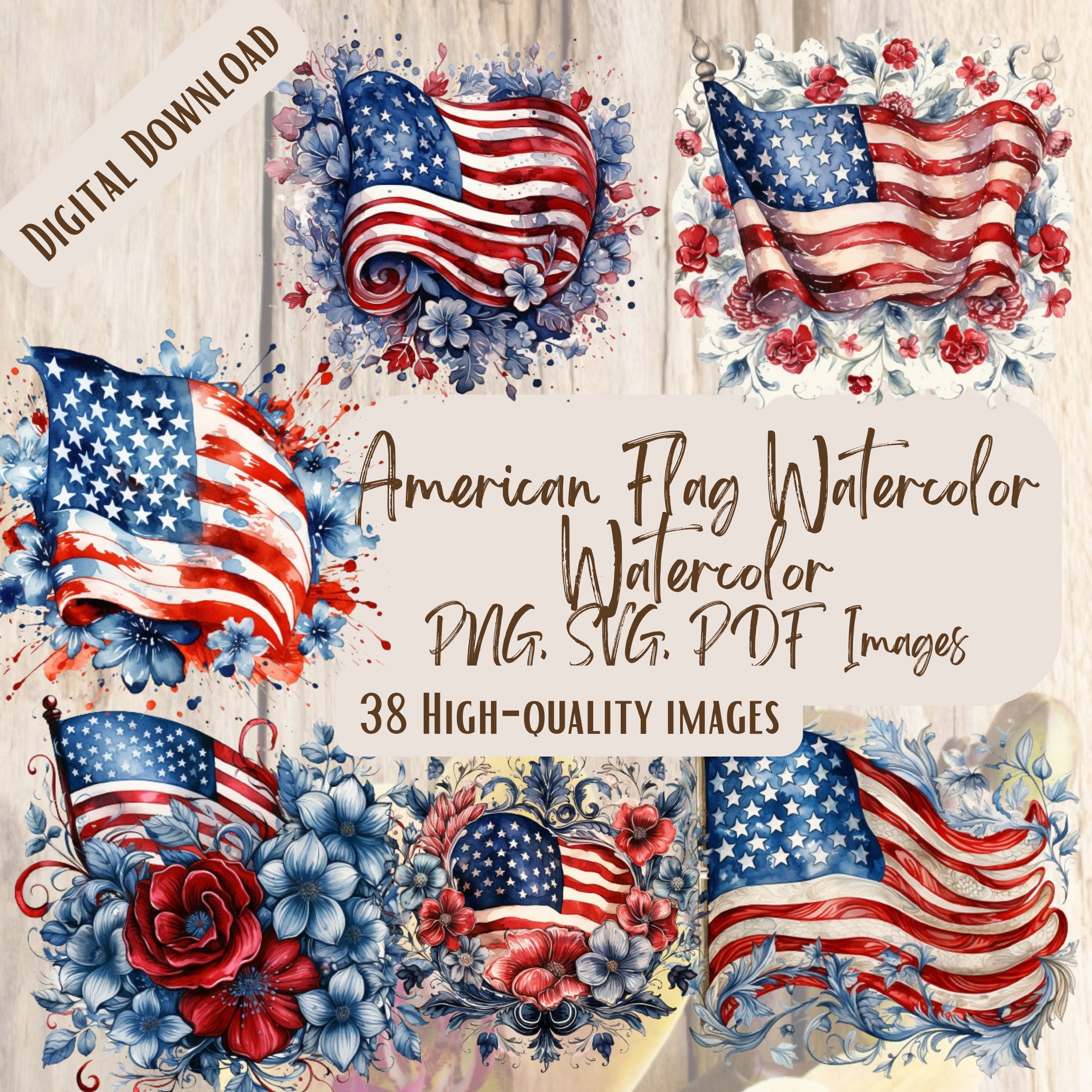 American Flag Watercolor PNG SVG Bundle 38 Images Digital Printable ...