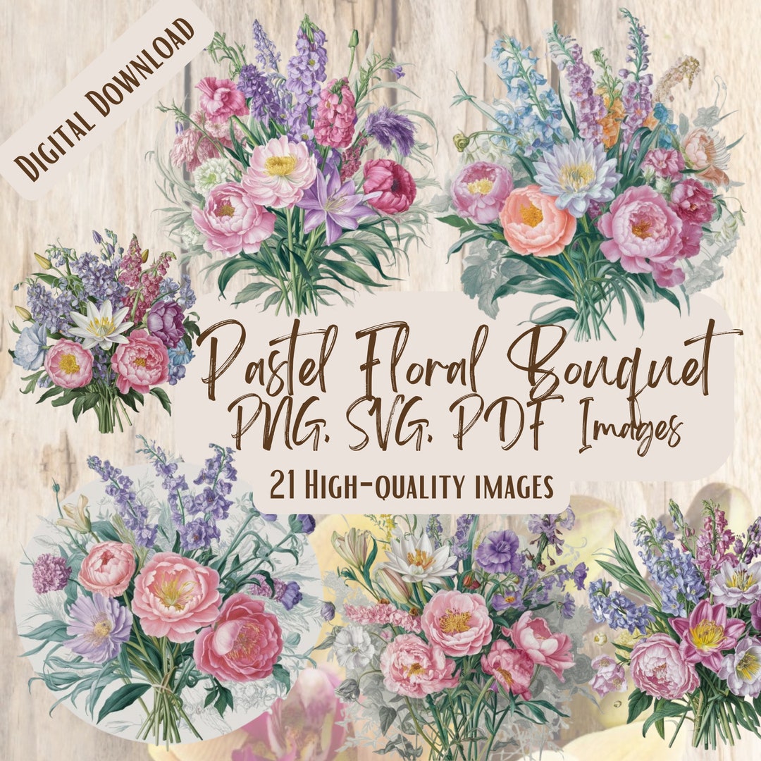 Pastel Floral Bouquet PNG SVG Bundle, 21 Watercolor Flower Clipart ...