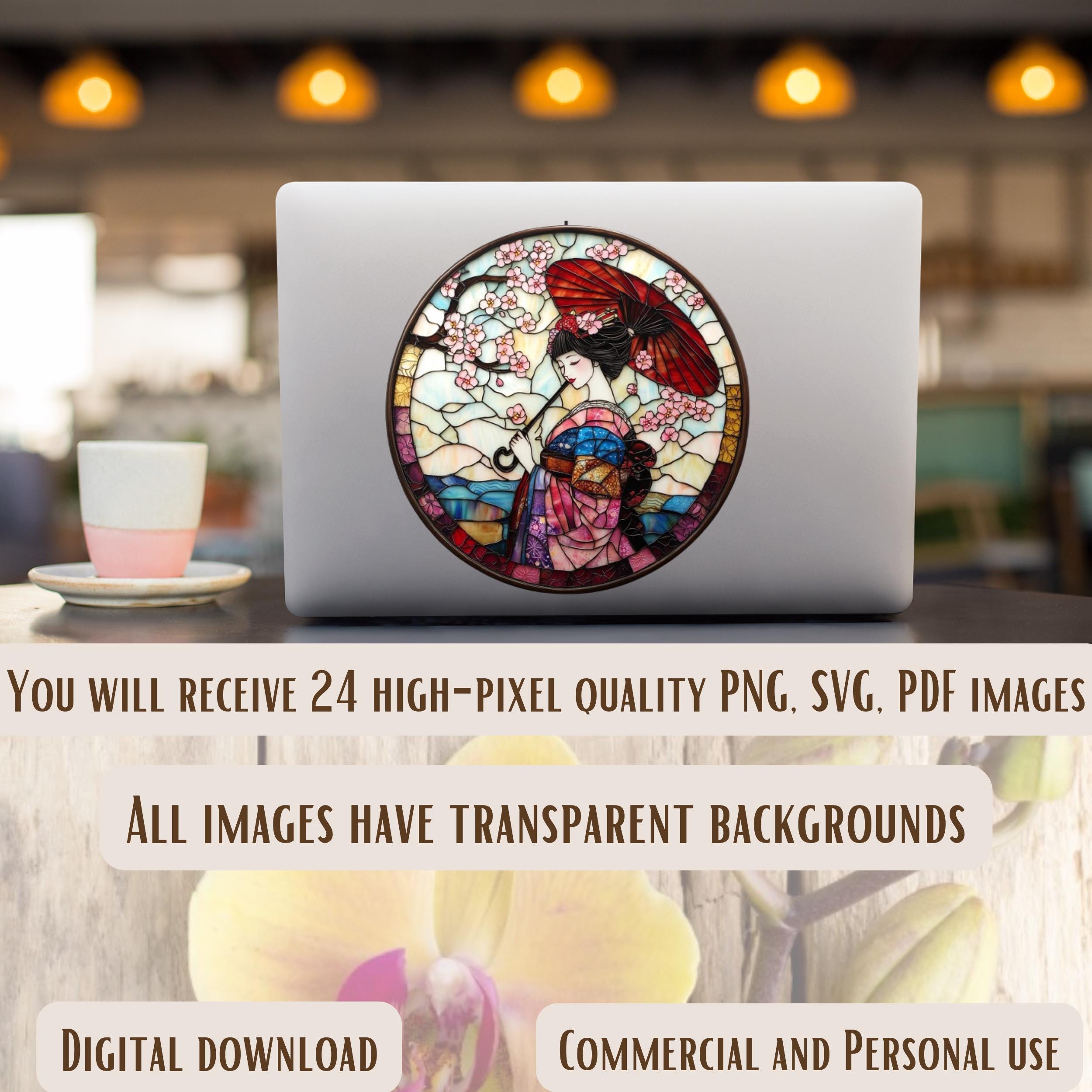 Geisha Stained Glass PNG SVG Bundle, 24 Elegant Japanese Inspired ...