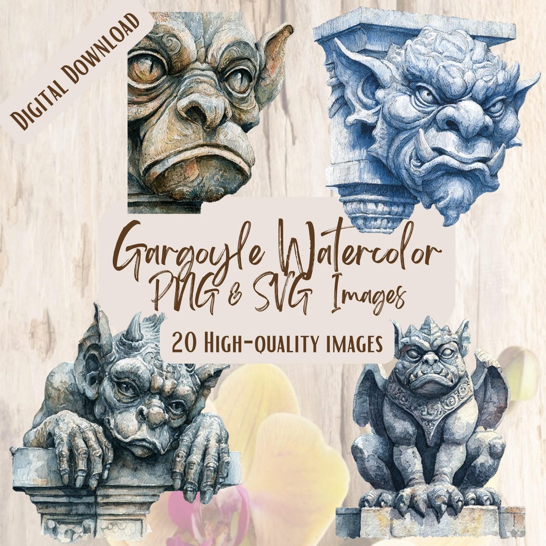 Gothic Gargoyle Watercolor PNG SVG Bundle, 20 Spooky Gargoyle Clipart ...