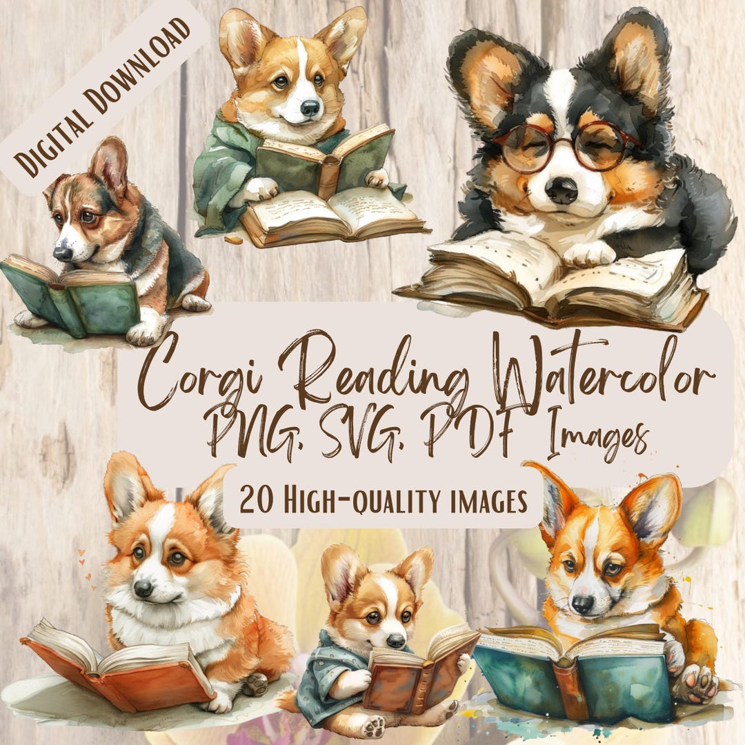 Corgi Reading Watercolor PNG SVG Bundle 20 Images Digital Printable ...