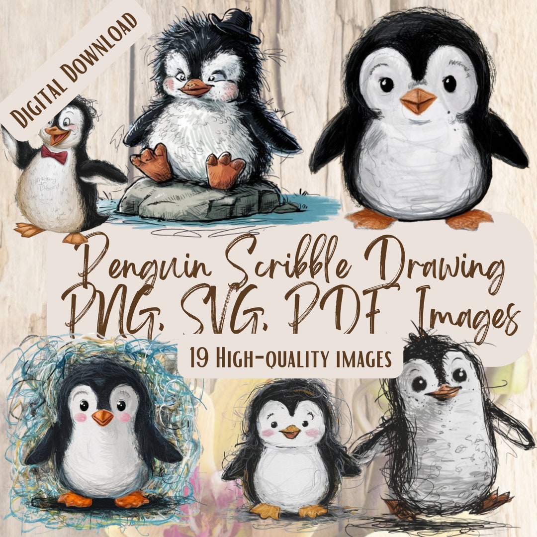 Penguin Scribble Drawing PNG SVG Bundle, 19 Drawn Doodle Clipart ...