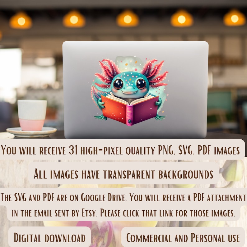 Axolotl Reading PNG SVG Bundle 31 Images Digital Printable Vector ...