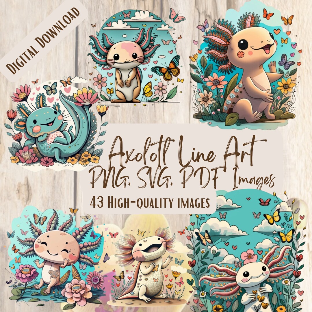 Axolotl Line Art PNG SVG Bundle, 43 Minimalist and Adorable Amphibian ...