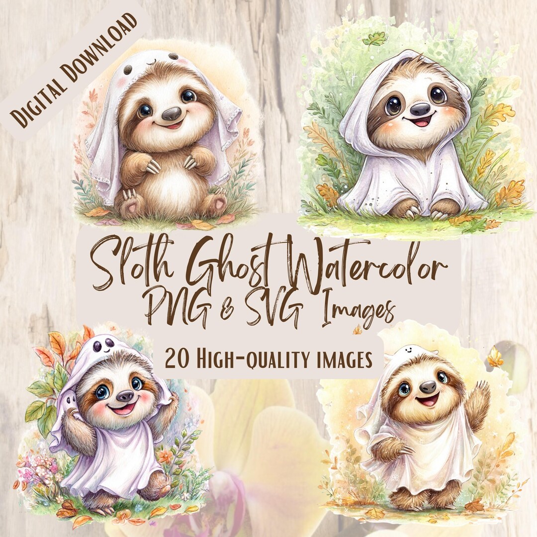 Sloth Ghost Watercolor PNG SVG Bundle, 20 Cute Halloween Clipart Images ...