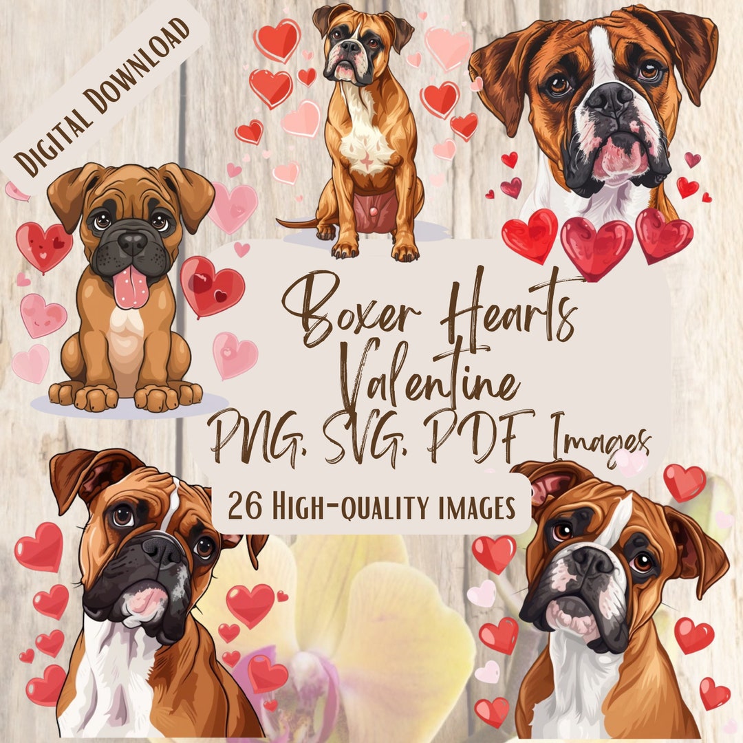 Boxer Hearts Valentine Clipart, 26 PNG SVG Bundle, Adorable Boxer Dog ...