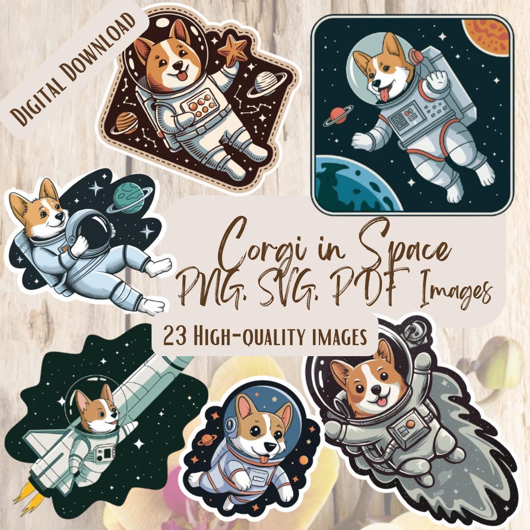 Corgi in Space Clipart, Cute Space Dog PNG SVG Bundle, Astronaut Corgi ...