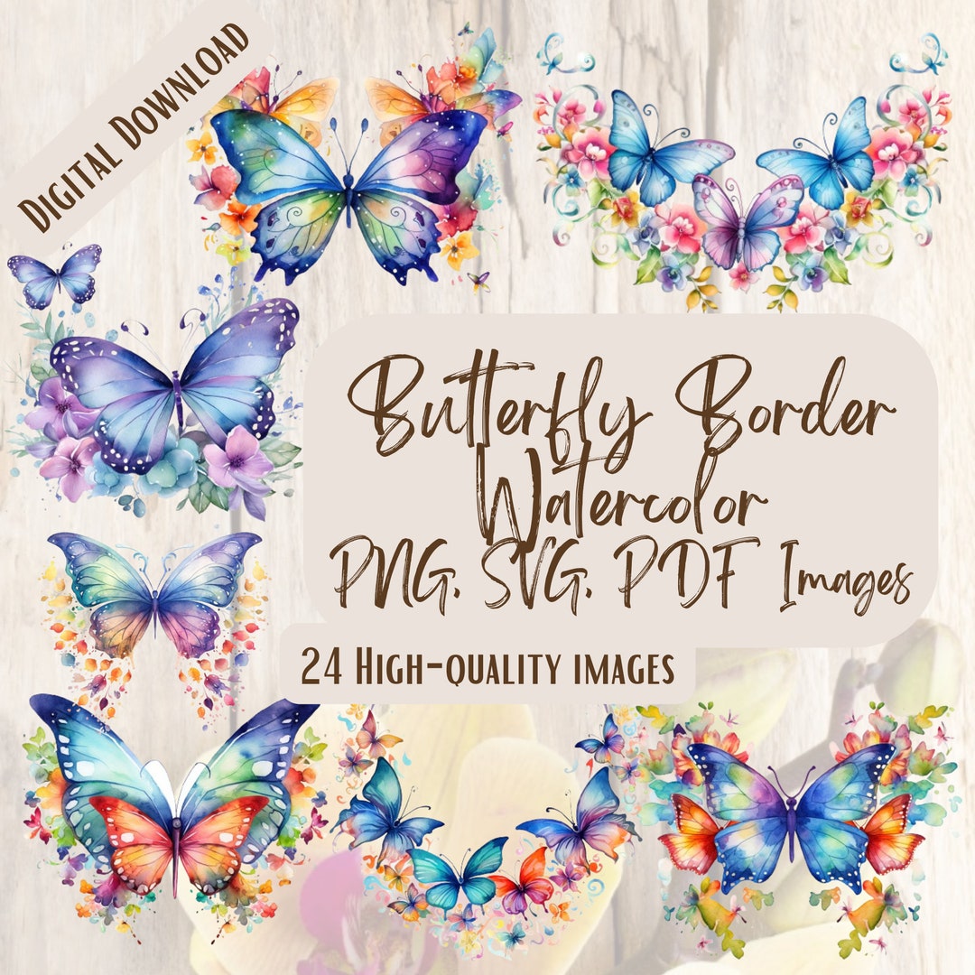Butterfly Border Watercolor PNG SVG Bundle, 24 Floral Border Clipart ...