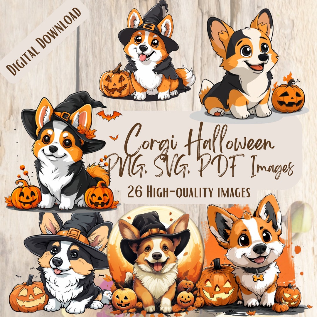 Corgi Halloween PNG SVG Bundle, 26 Cute Watercolor Dog Clipart Images ...