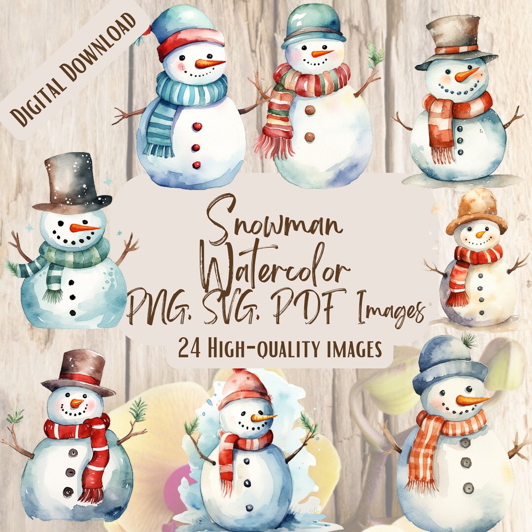 Snowman Watercolor Clipart, 24 PNG SVG Bundle, Charming Snowman Designs ...