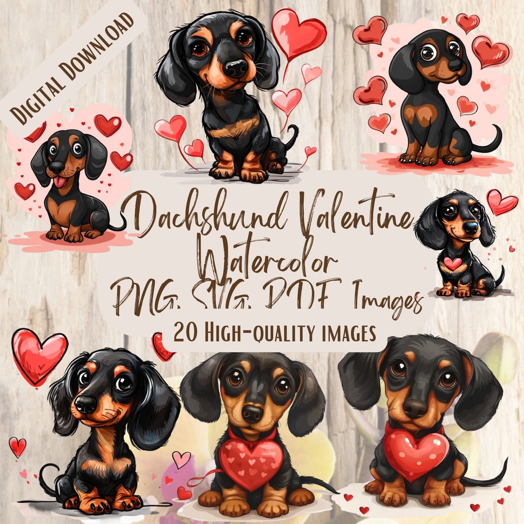 Dachshund Valentine Watercolor PNG SVG Bundle, 20 Adorable and Romantic ...