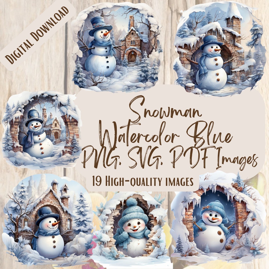 Snowman Blue Watercolor PNG SVG Bundle, 19 Frosty and Festive Winter ...