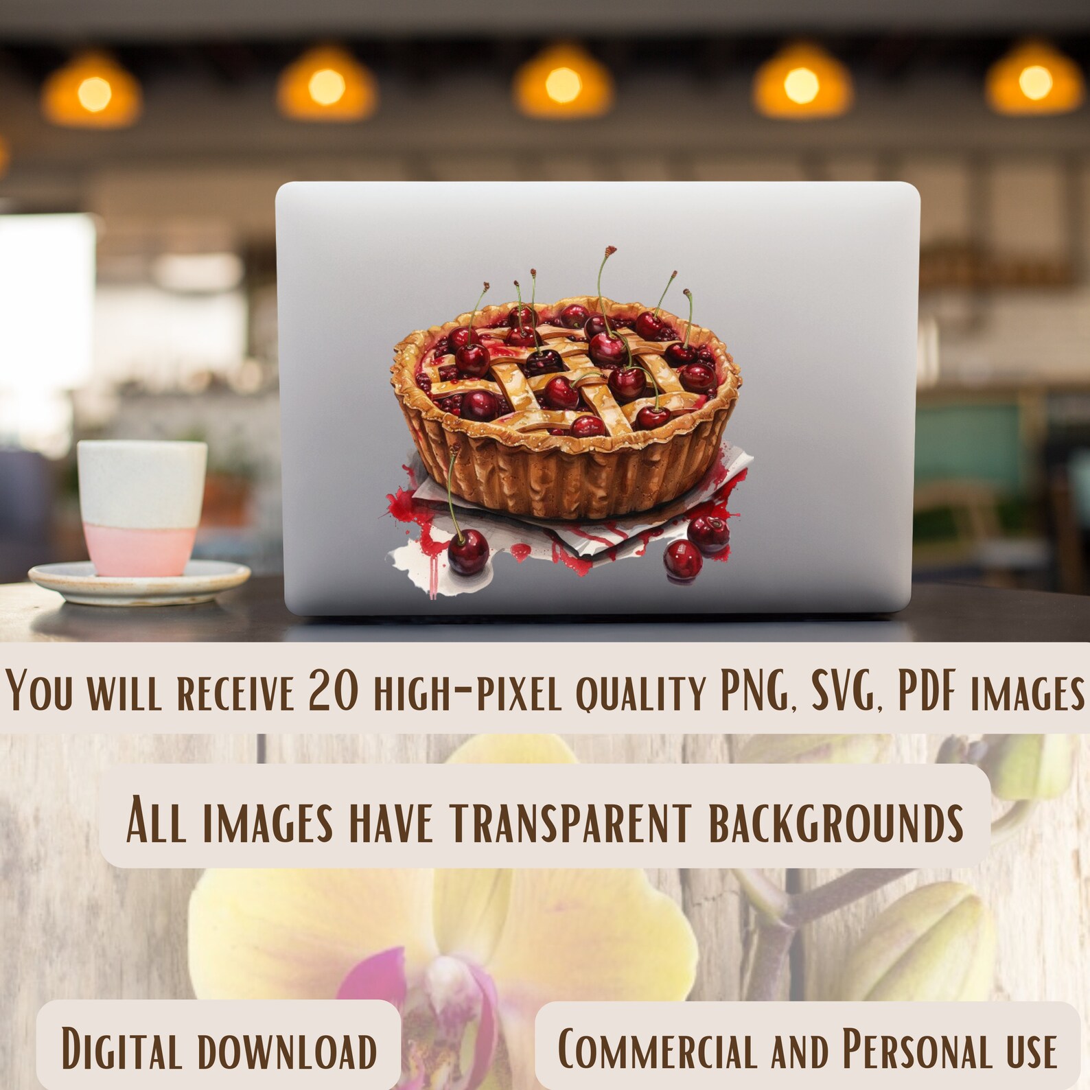 Cherry Pie Watercolor PNG SVG Bundle, 20 Sweet Dessert Clipart Designs ...