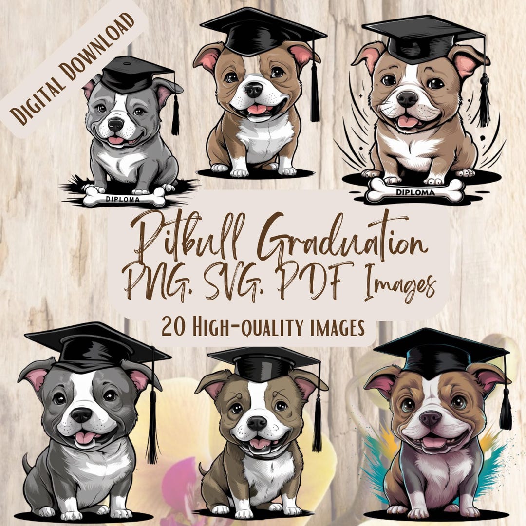 Pitbull Graduation PNG SVG Bundle, 20 Adorable Dog-themed Clipart ...