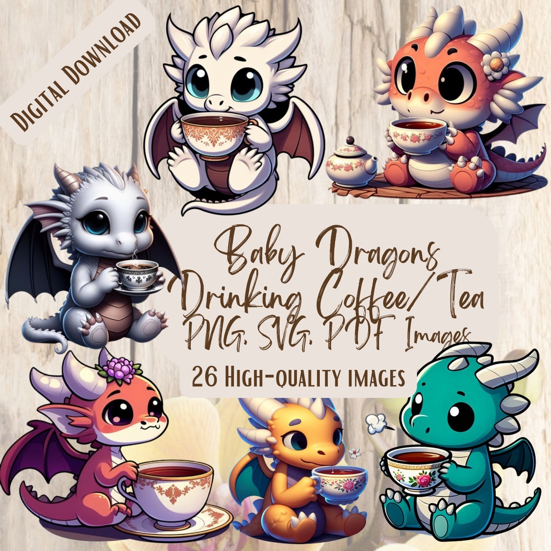 Baby Dragons Drinking Coffee & Tea PNG SVG Bundle, 26 Adorable Fantasy ...