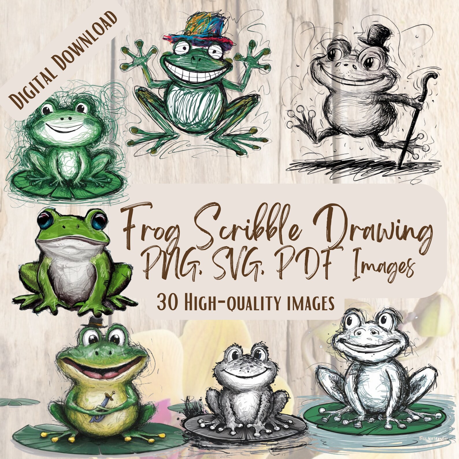 Frog Scribble Drawing PNG SVG Bundle, 30 Doodle Amphibian Clipart ...