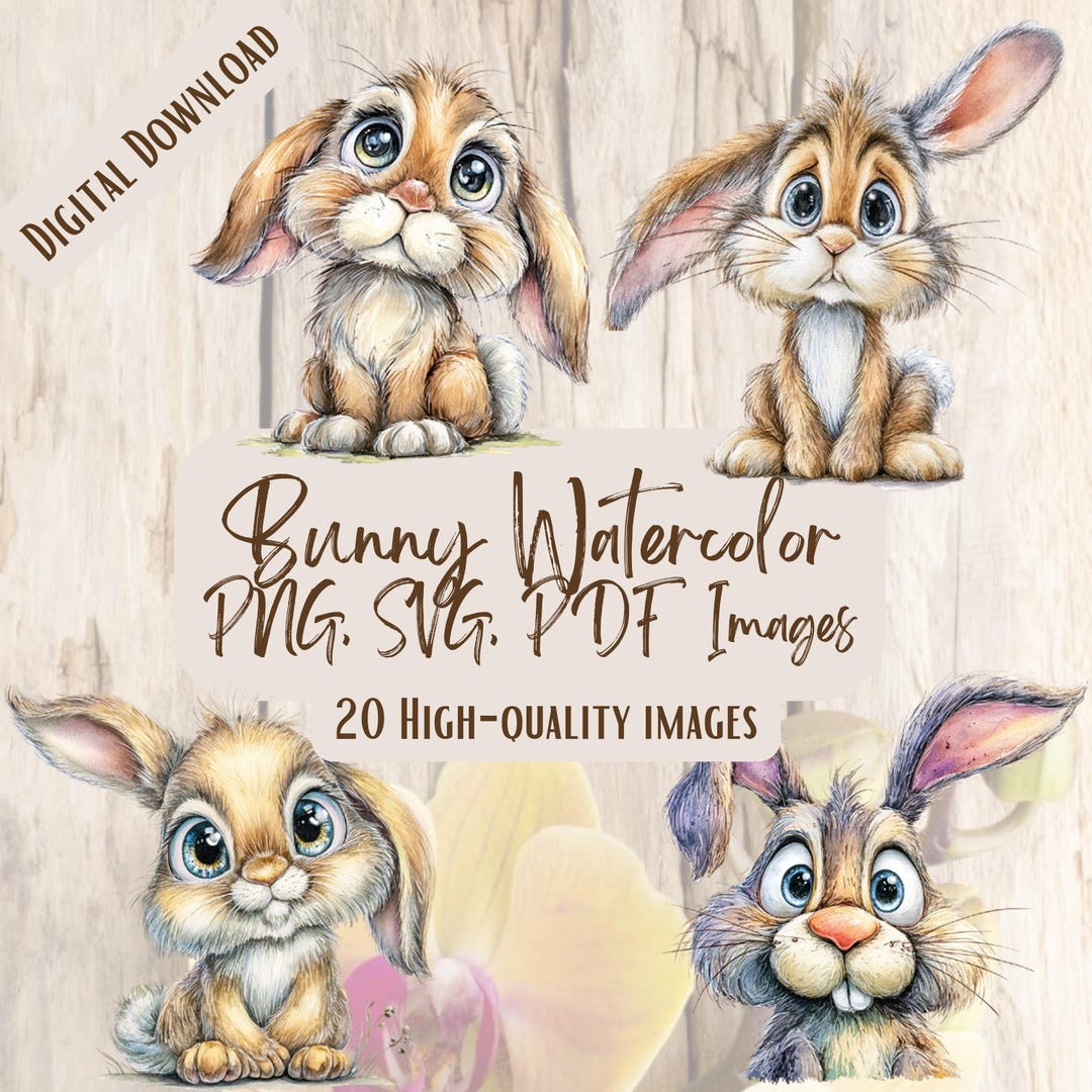 Bunny Watercolor Clipart Bundle, 20 Adorable Rabbit PNG SVG Images ...