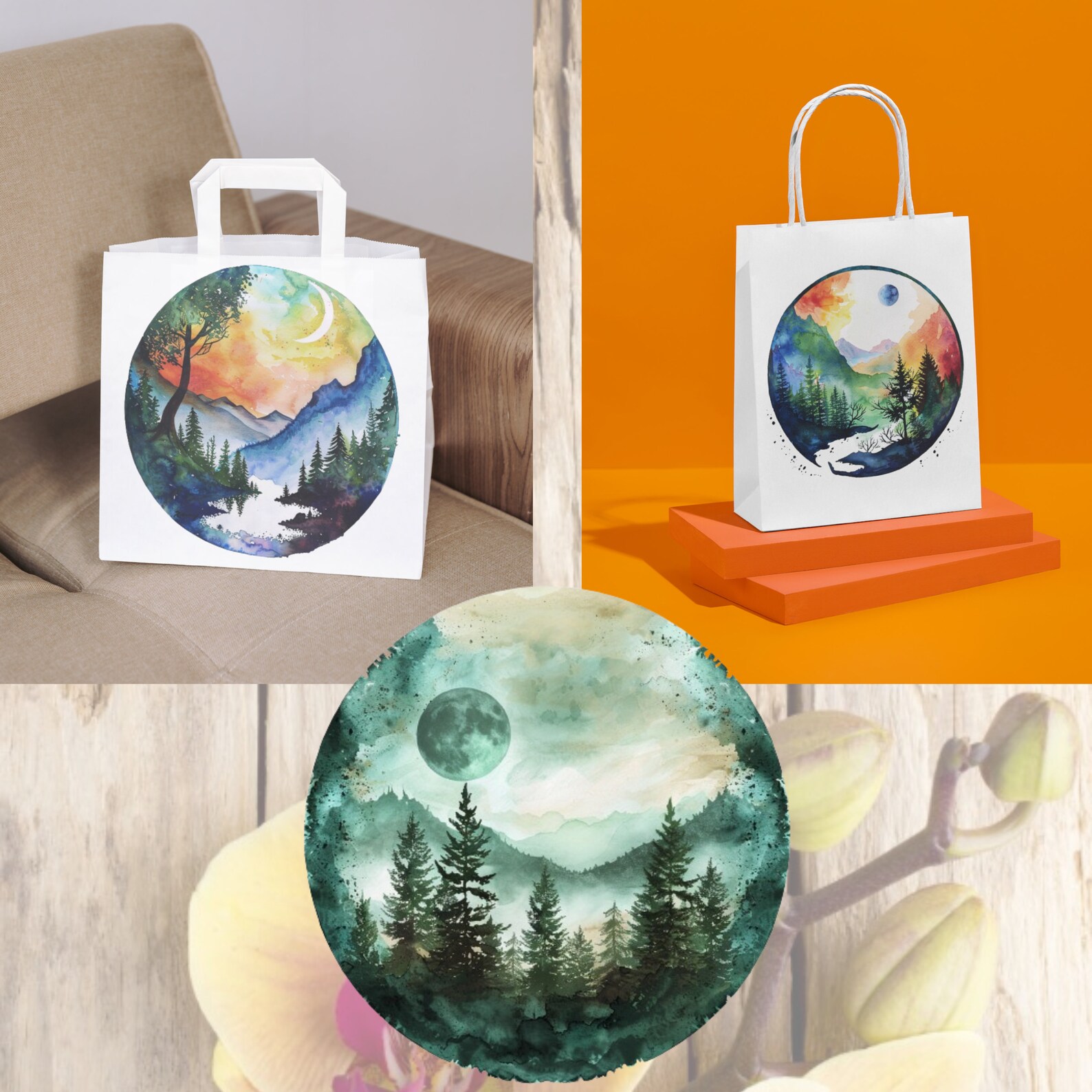 Nature Scenes Circle Watercolor PNG SVG Bundle, 31 Scenic Outdoor ...