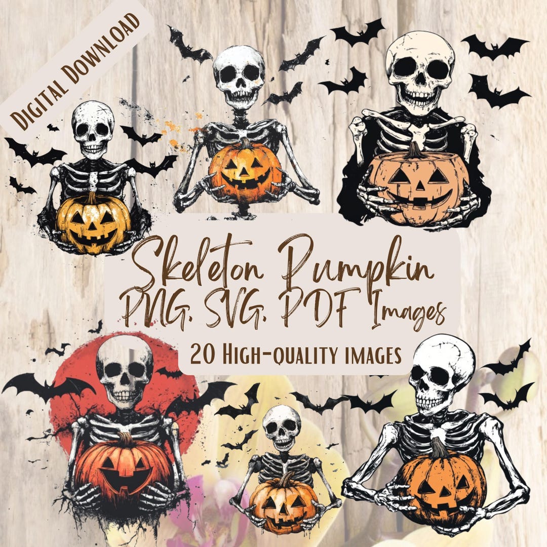 Skeleton Holding Pumpkins Clipart, Halloween PNG SVG Bundle, 20 Spooky ...