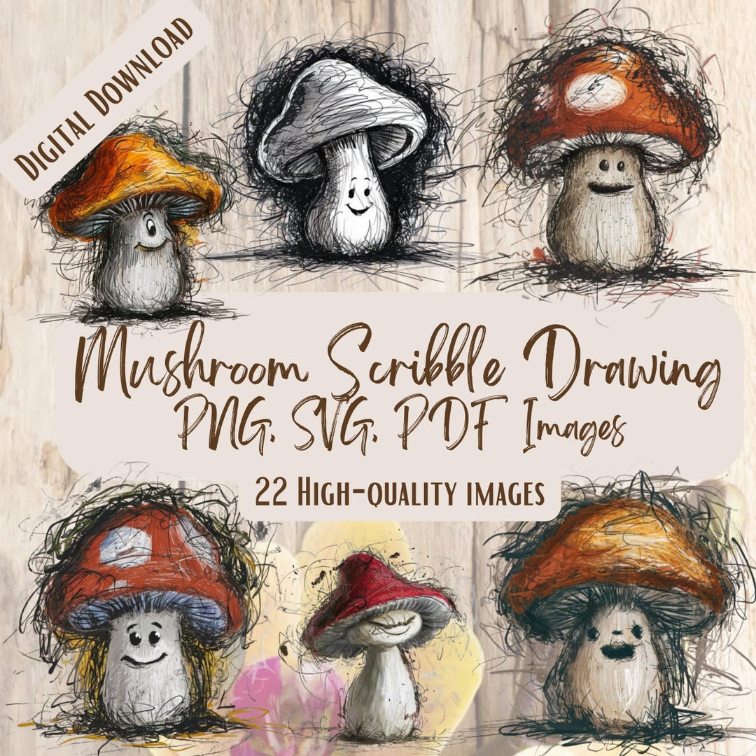 Mushroom Scribble Drawing PNG SVG Bundle 22 Images Digital Printable ...