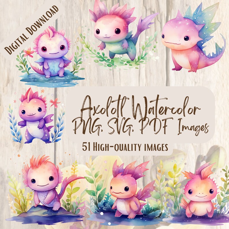 Axolotl Watercolor PNG SVG Bundle, 51 Cute Amphibian Clipart Images for ...