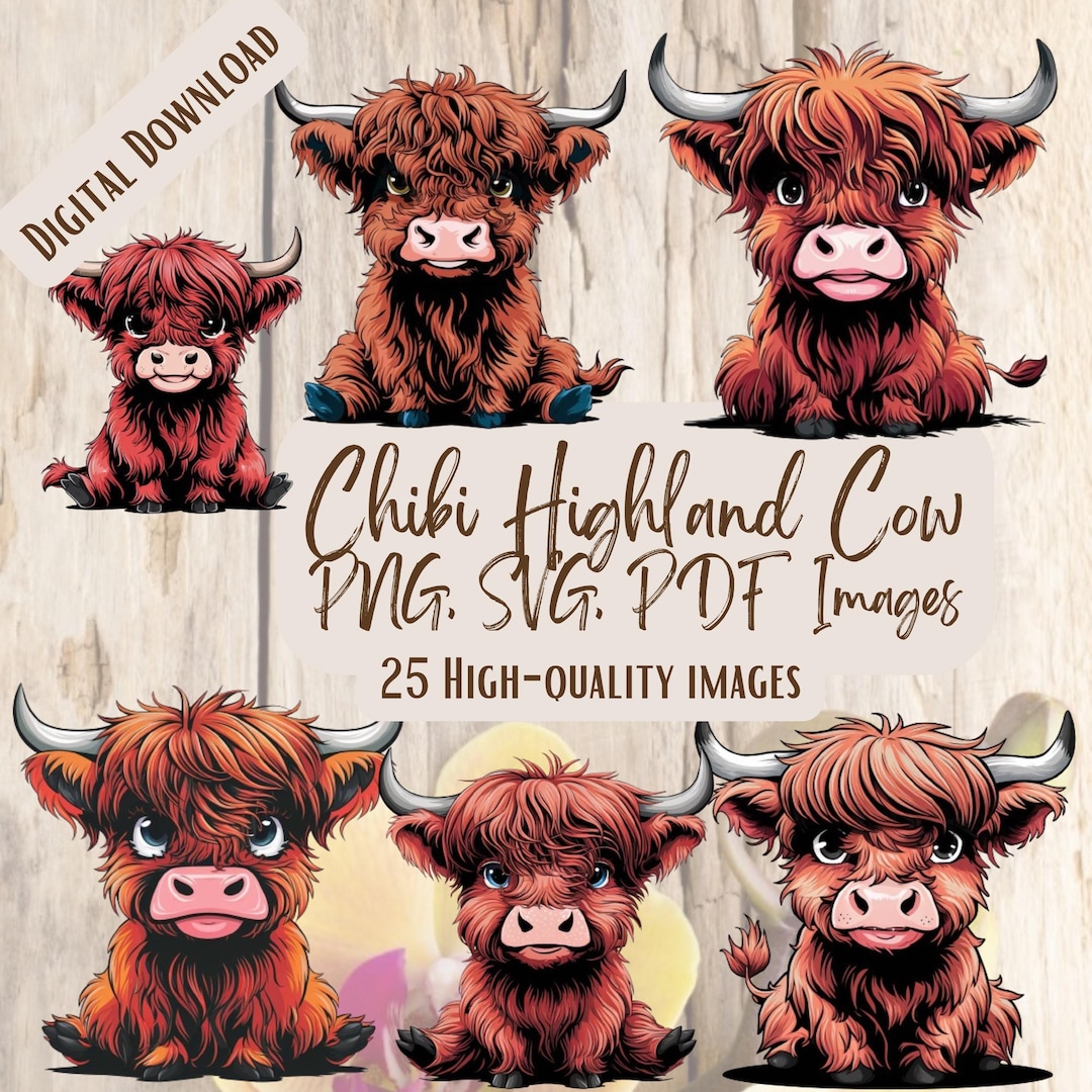 Chibi Highland Cow PNG SVG Bundle, 25 Cute and Whimsical Digital ...