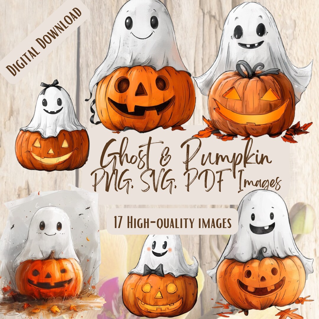 Ghost & Pumpkin Watercolor PNG SVG Bundle, 17 Hand-drawn Halloween ...