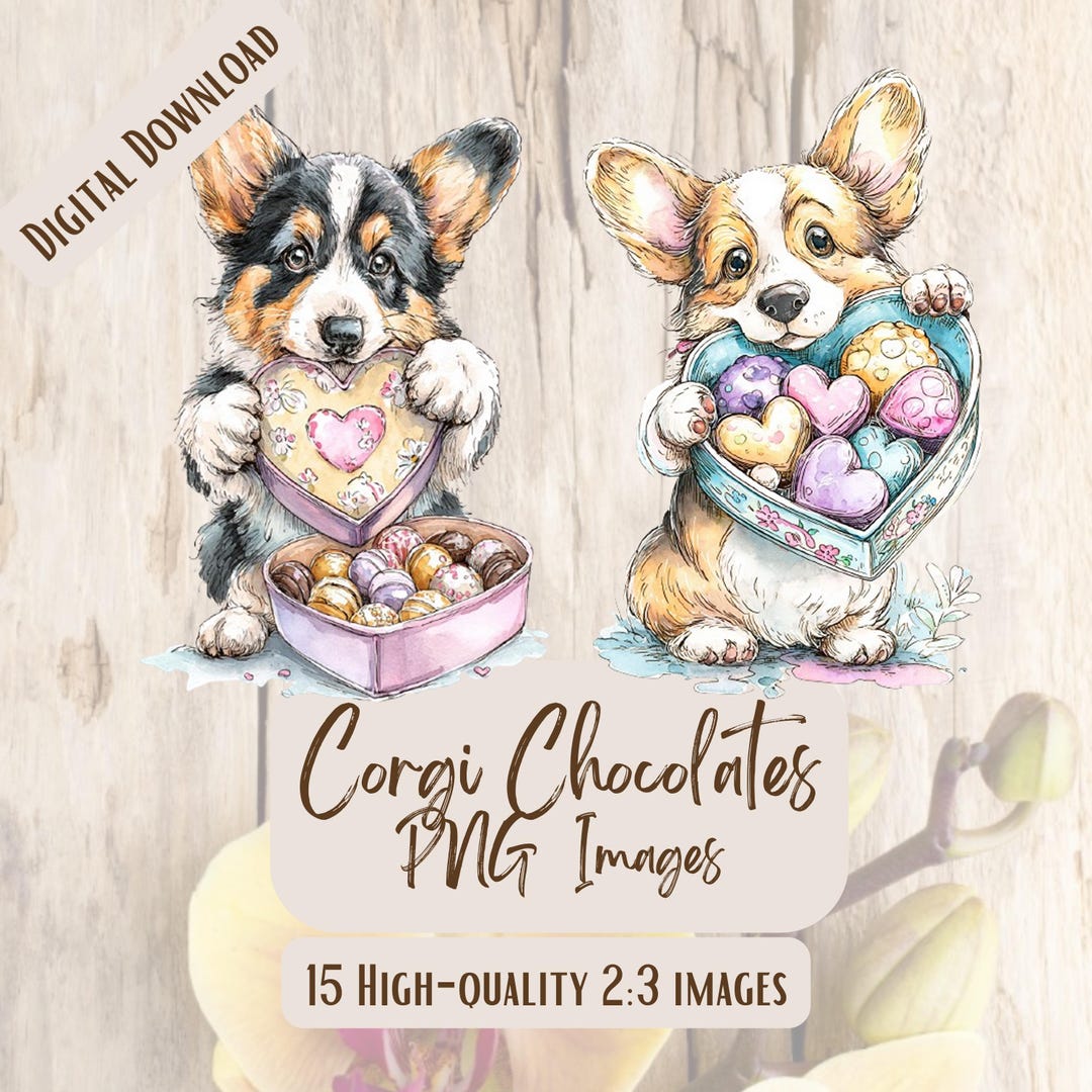 Corgi Chocolate Box PNG Bundle, 15 Cute Valentine Puppy Illustrations ...