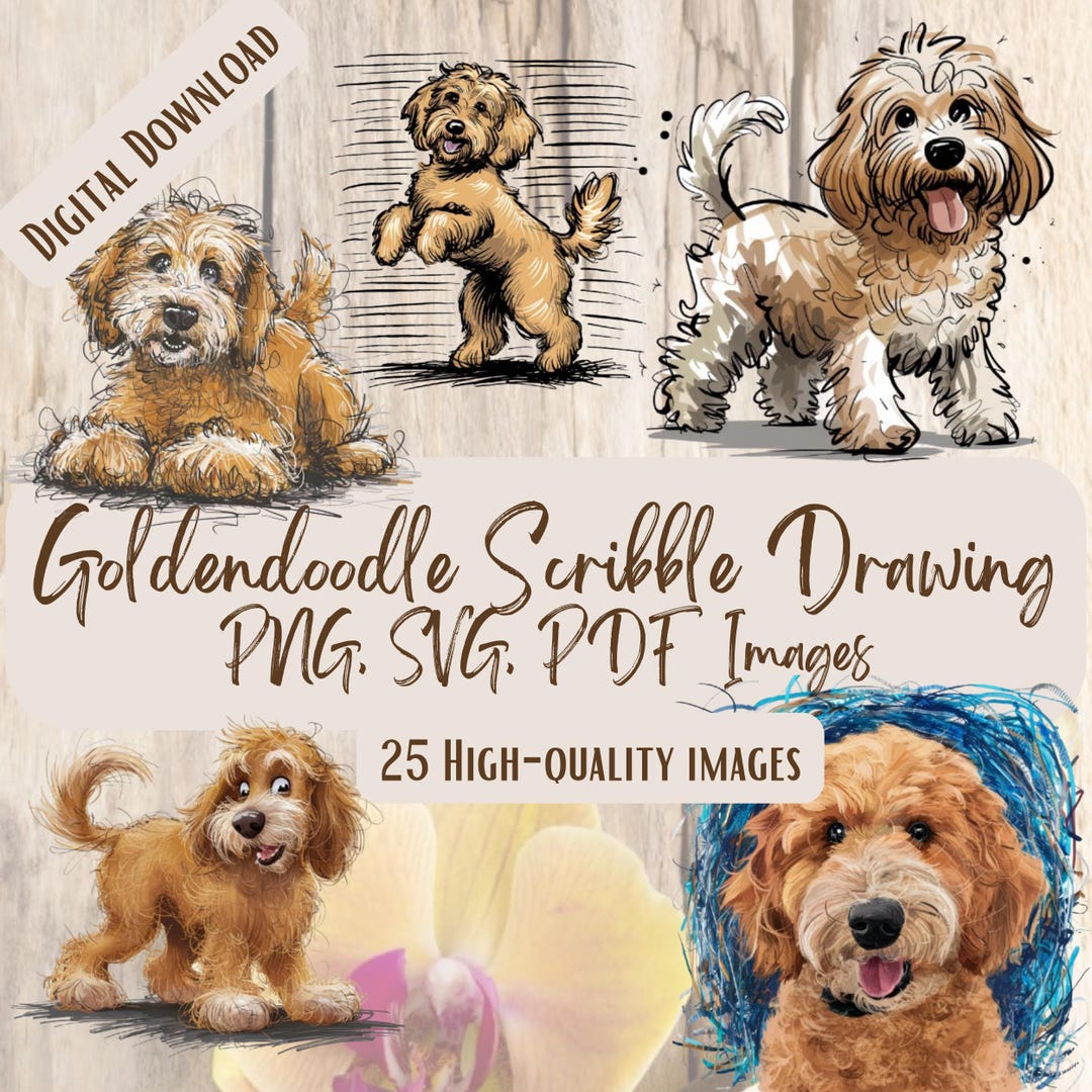 Goldendoodle Scribble Drawing PNG SVG Bundle, 25 Sketch Style Dog ...